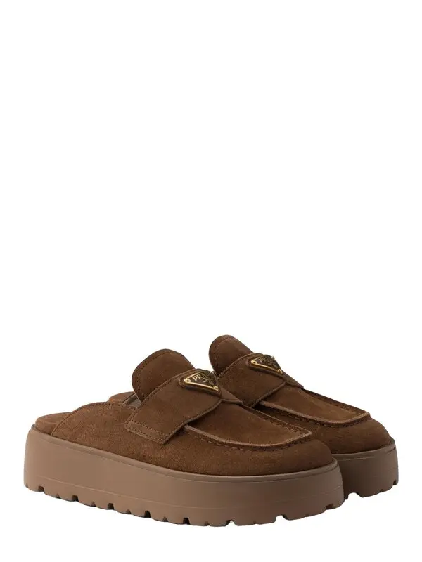 Prada Suede Flatform Mules - Brown