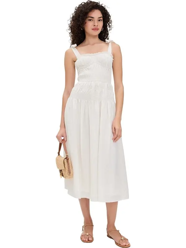 Moon River Adjustable Strap Shirred Midi Dress - White