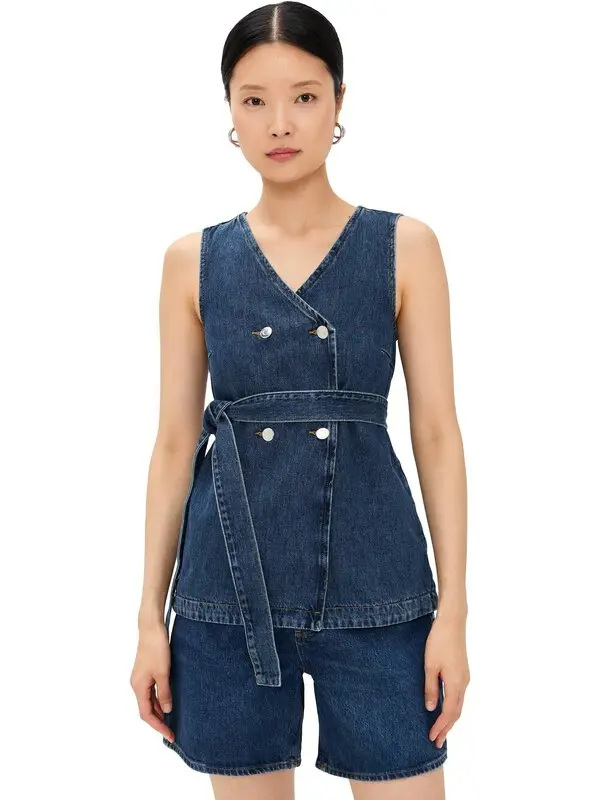 ALIGNE Jate Denim Wrap Waistcoat - Mid Blue