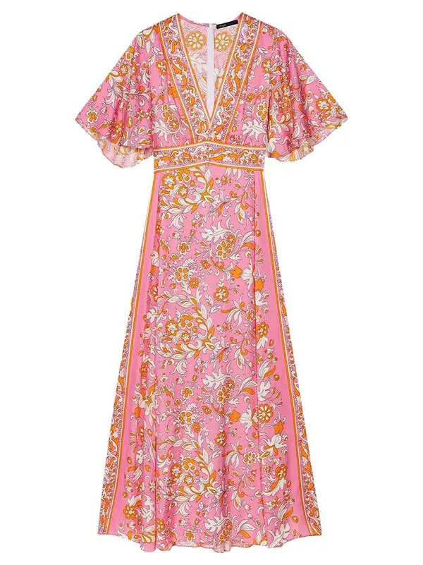 Maje Ritalen Butterfly-sleeve Midi Dress - Orange Pink Flowers Print