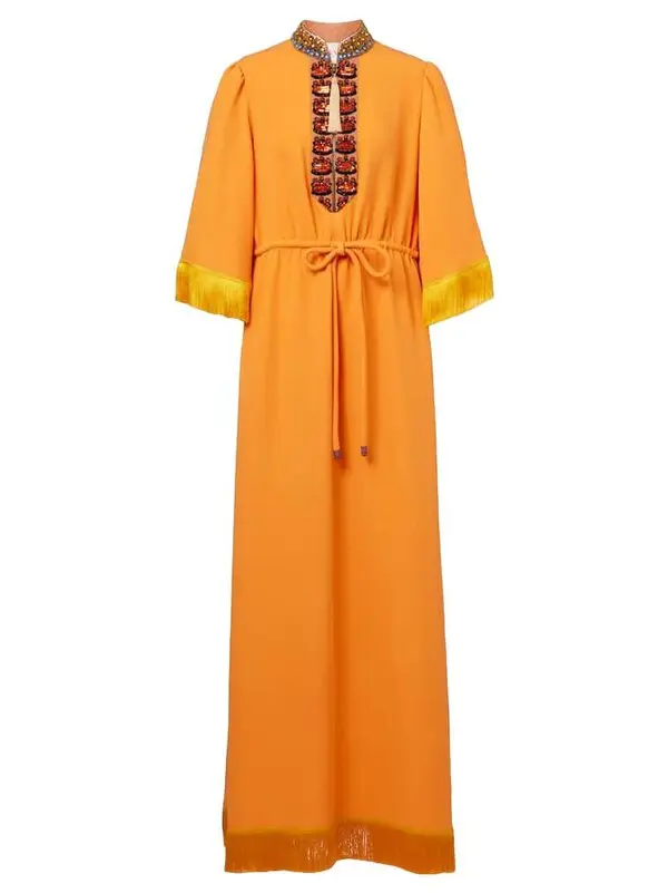 Valentino Garavani Cady Couture Embroidered Fringed Gown - Orange
