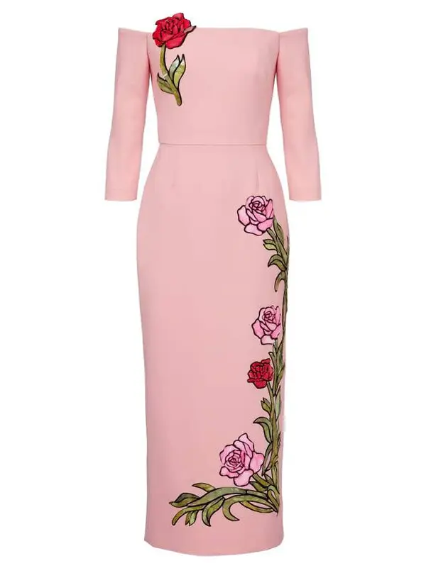 Oscar De La Renta Embroidered Wool-blend Gown - Pink