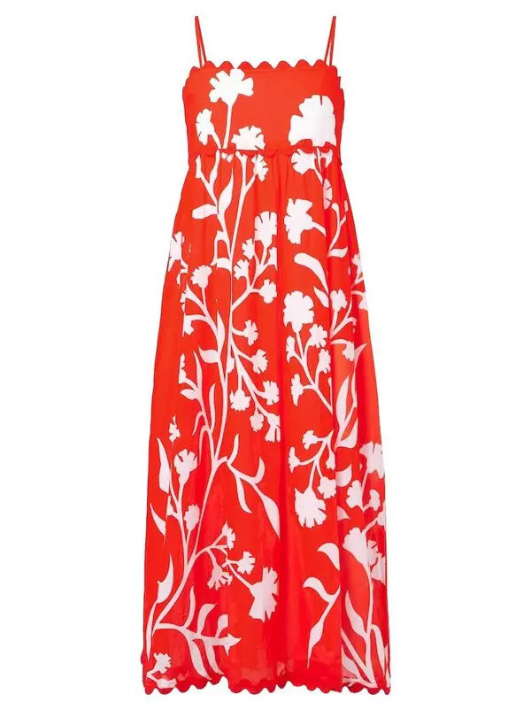 JULIET DUNN Printed Scalloped Cotton Midi Dress - Red