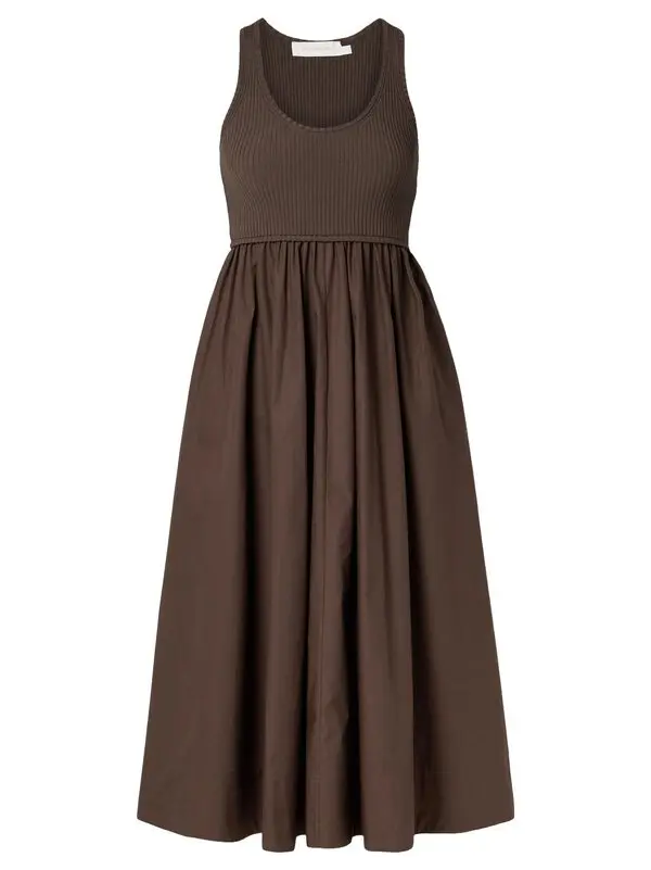Zimmermann Ribbed-knit And Cotton-poplin Midi Dress - Brown