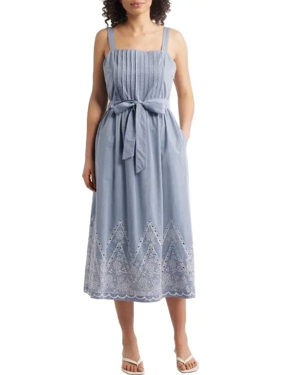 Julia Jordan Embroidery Detail Cotton Dress - Denim/ Ivory