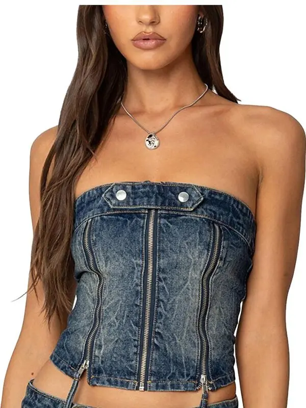 EDIKTED Guinevere Washed Denim Zip Top - Blue-washed