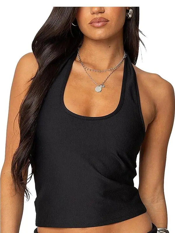 EDIKTED Kiana Ribbed Halter Top - Black