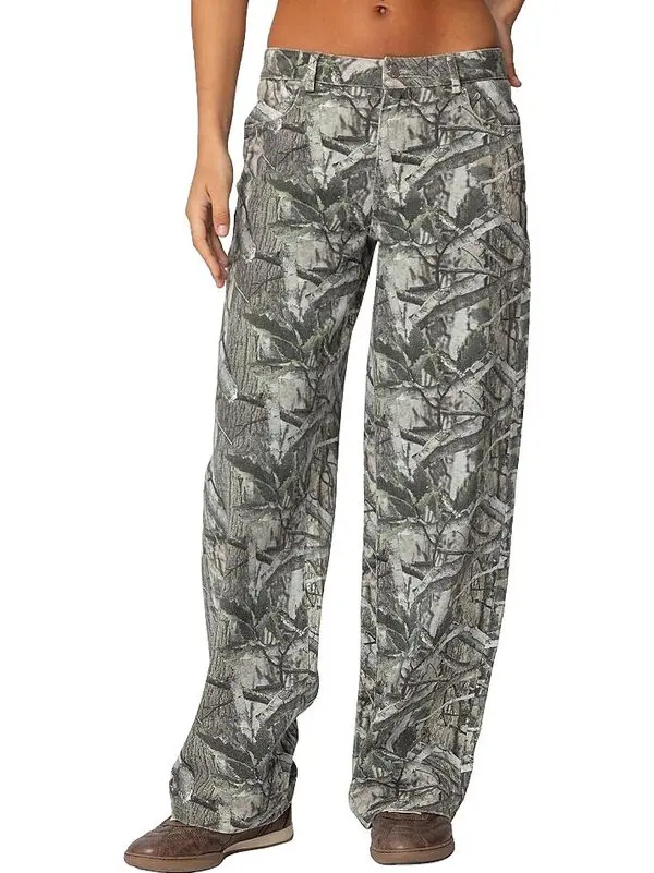 EDIKTED Camo & Bow Low Rise Jeans - Olive