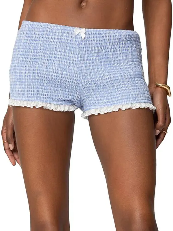 EDIKTED Gingham Scrunch Shorts - Light Blue