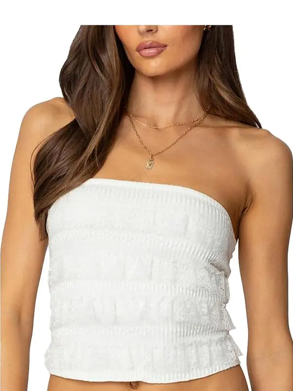 EDIKTED Georgette Lacey Ruffle Tube Top - White