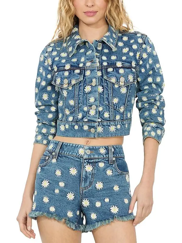 Alice + Olivia Embroidered Cropped Jacket - Medium Wash