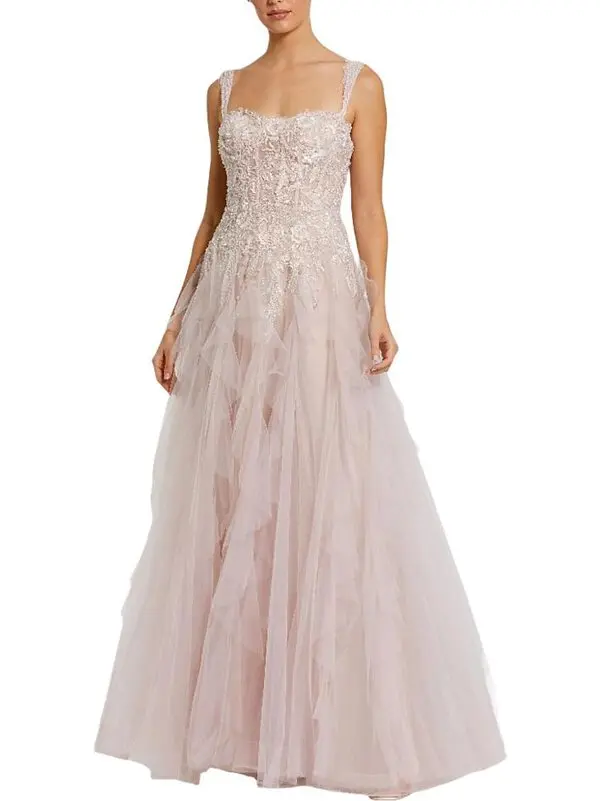 Mac Duggal Thin Strap Bustier Tulle Gown With Ruffle Skirt - Porcelain Multi
