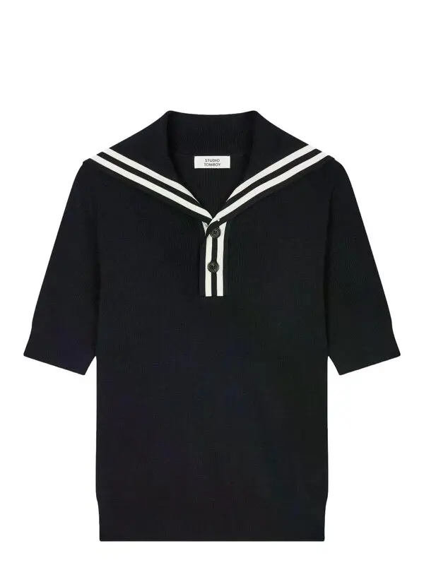 STUDIO TOMBOY Sailor-collar Short-sleeve Top - Blue