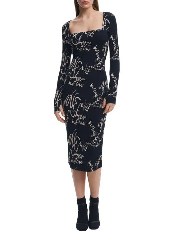 Desigual Love Print Long Sleeve Body-con Midi Dress - Black