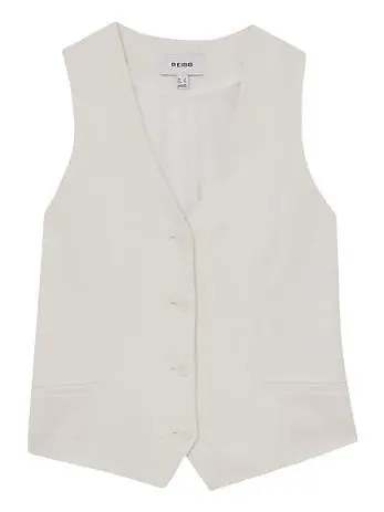 REISS Devon V-neck Woven Waistcoat - White
