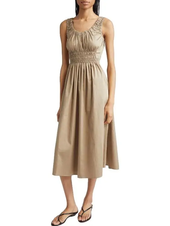 REISS Anouk Smock Waist Cotton Dress - Khaki