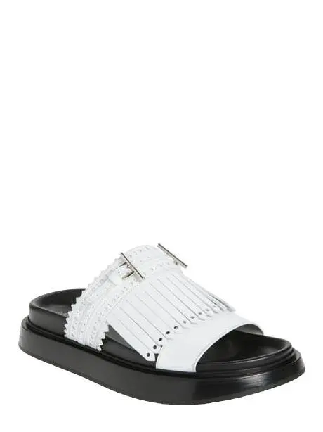 Alexander McQueen Kiltie Fringe Leather Slide Sandal - White/ Silver