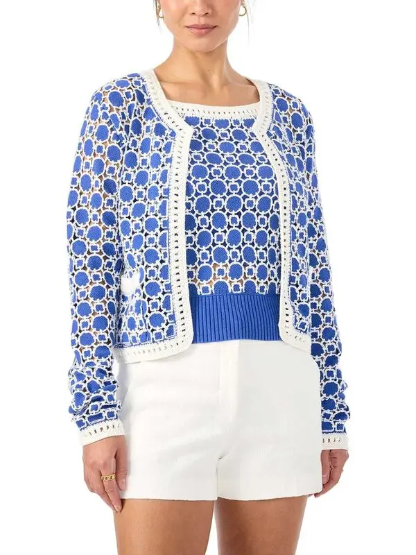 Trina Turk Sinai Geometric Knit Cardigan - Cobalt Cove/whitewash