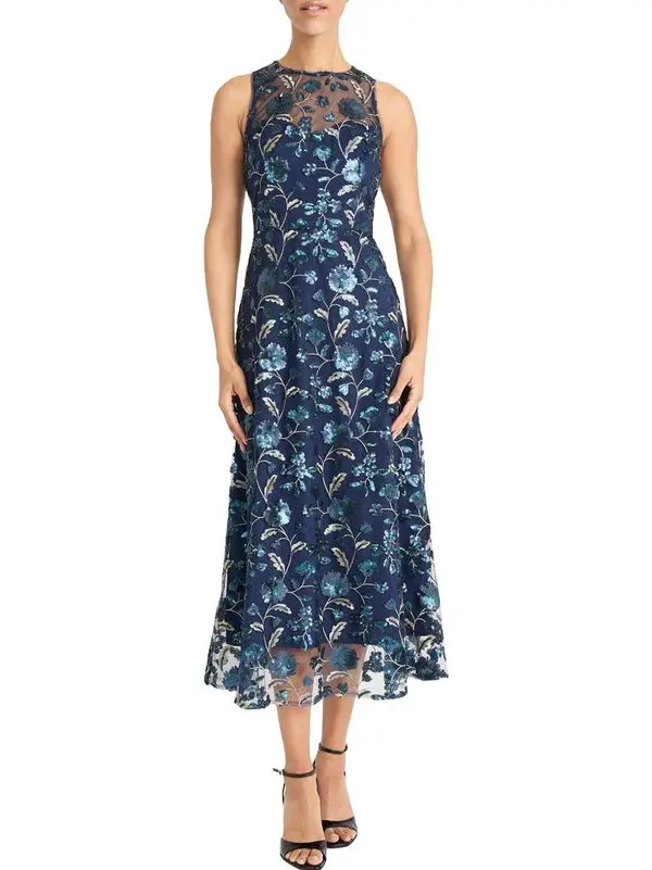 Maggy London Sequin Floral Fit & Flare Cocktail Dress - Navy/ Silver