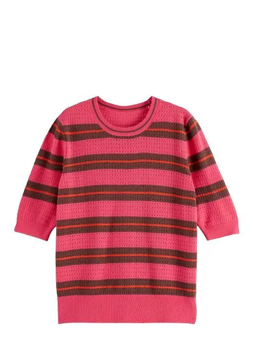 Scotch & Soda Relaxed Pointelle Short Sleeve Sweater - Electric Pink Stripe