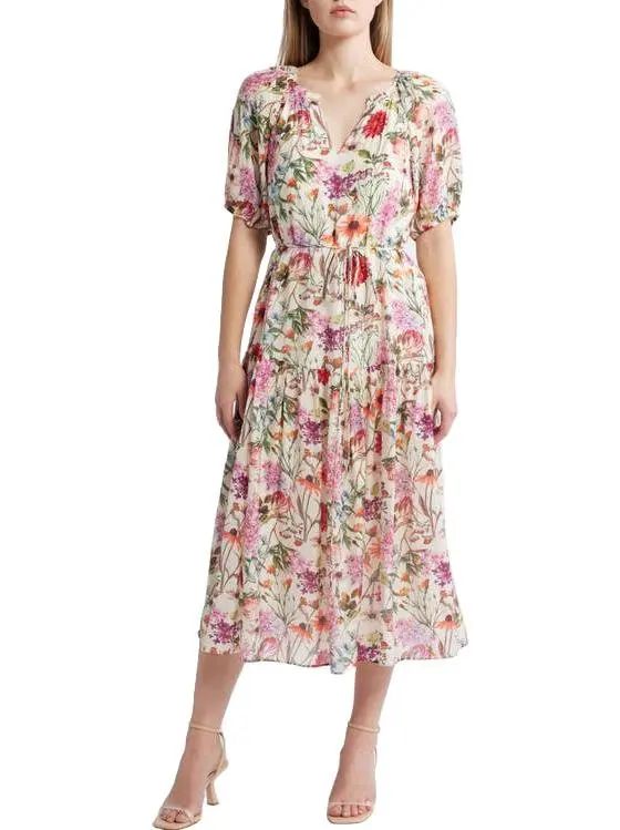 Julia Jordan Floral Puff Sleeve Midi Dress - Ivory Multi