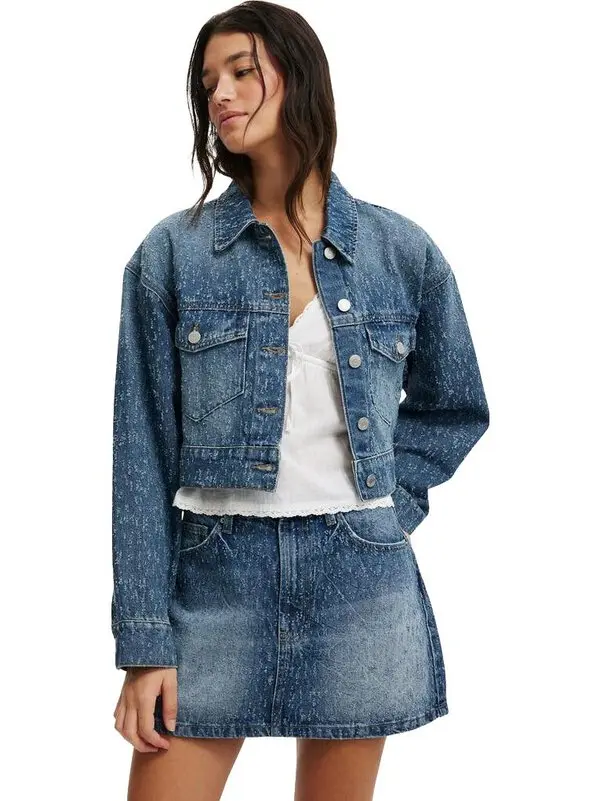 COTTON ON Cropped Denim Trucker Jacket - Rail Blue Texture