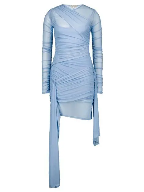 SAEMDI Draped Mesh Mini Dress - Light Blue
