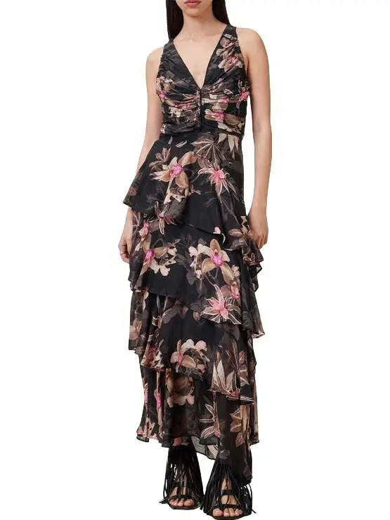 ALLSAINTS Cali Floral Ruffle Tiered Cocktail Dress - Adena Black