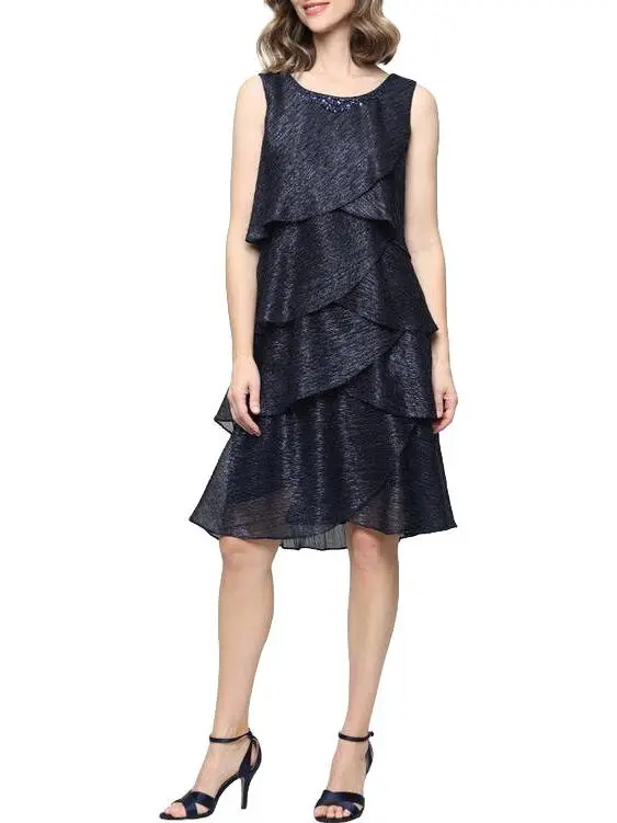 SL FASHIONS Metallic Tiered Sleeveless Dress With Jacket - Navy