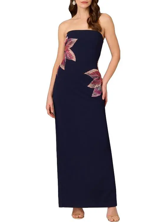 Adrianna Papell Bead Embellished Strapless Column Gown - Navy