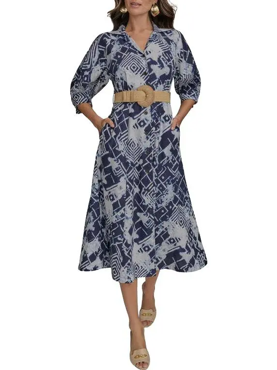 Donna Karan New York Print Belted Linen Blend Maxi Shirtdress - Ink Multi