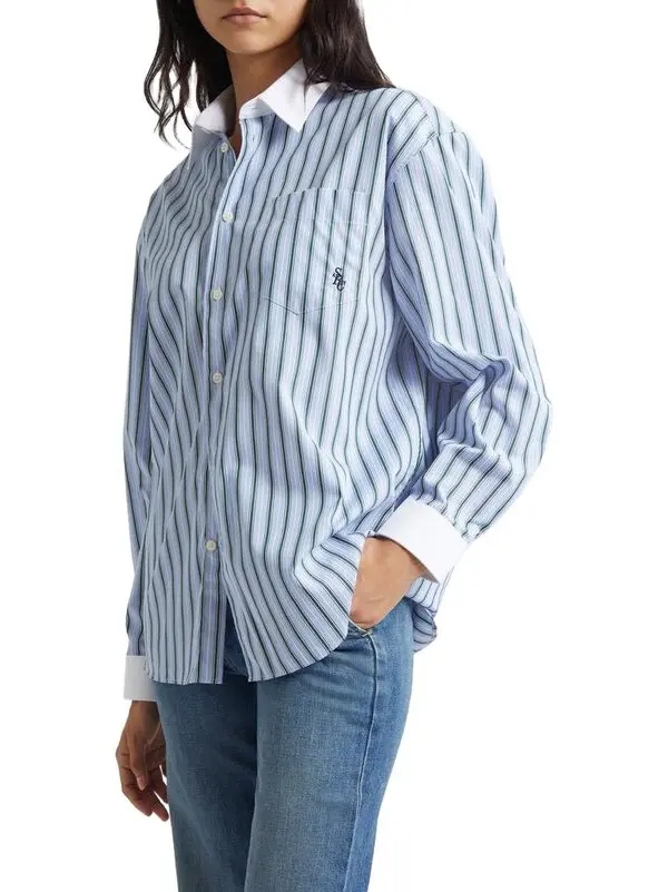 SPORTY & RICH Src Stripe Oversize Cotton Poplin Button-up Shirt - Blue/green Multicolor Stripes