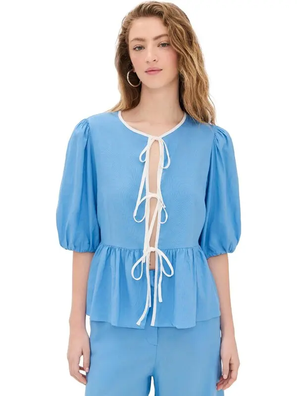 DRESS TO Tie Front Blouse - Aura Blue/offwht