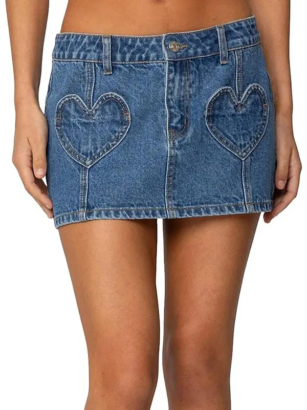 EDIKTED Denim Mini Skirt With Heart Pockets - Blue-washed