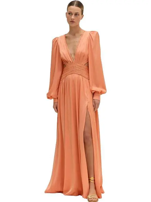 PatBO Satin Sunset Long Sleeve Gown - Orange