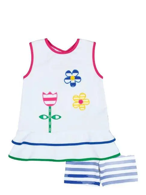 FLORENCE EISEMAN Stripe Knit Short Set With Flowers - White / Royal
