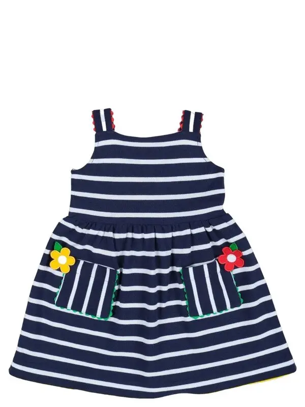 FLORENCE EISEMAN Stripe Knit Dress With Appliqué Flowers - Navy / White