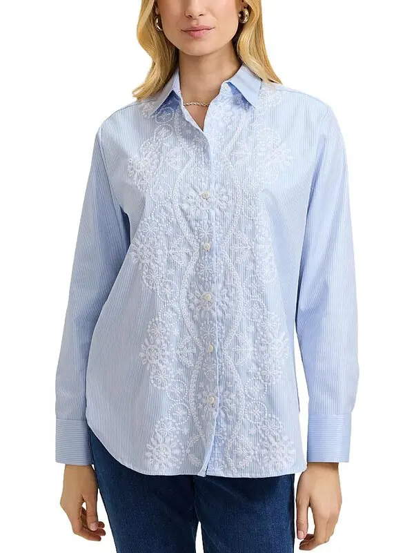 Foxcroft Meghan Long Sleeve Embroidered Shirt - Soft Blue