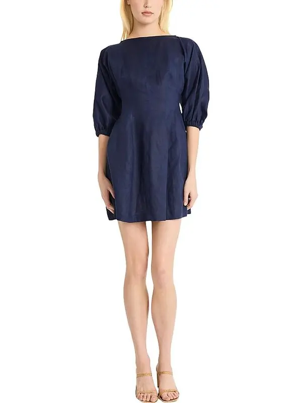 LUXELY Linen Long Sleeve Mini Dress - Evening Blue