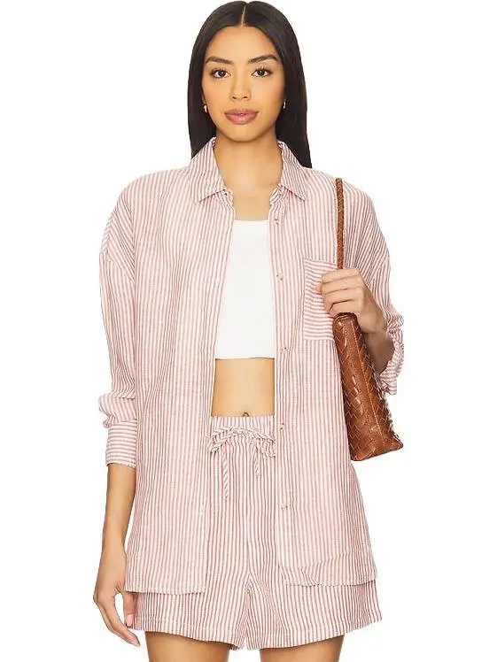 Onia Air Linen Boyfriend Shirt - Oxblood & White