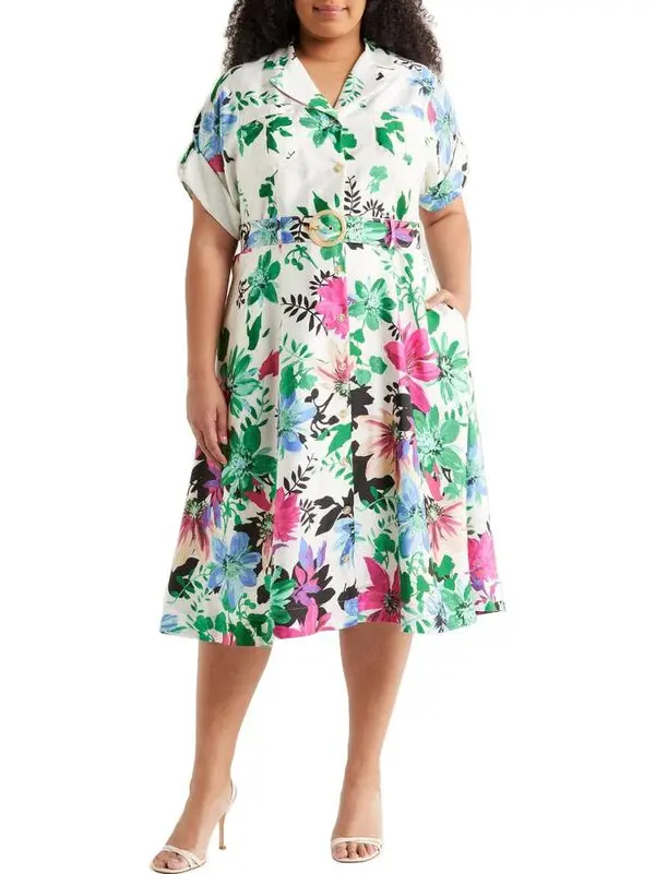 TAHARI ASL Floral Print Midi Shirtdress - Ivory Multi