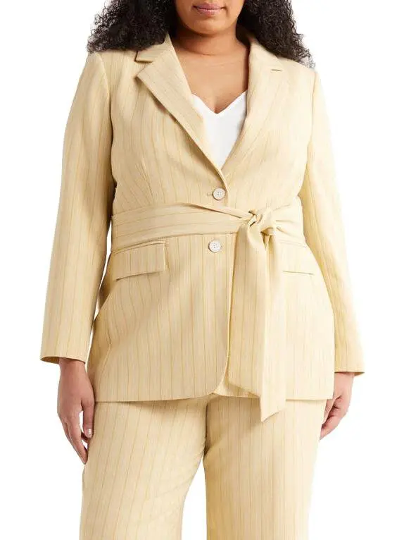 TAHARI ASL Pinstripe Belted Blazer - Ochre