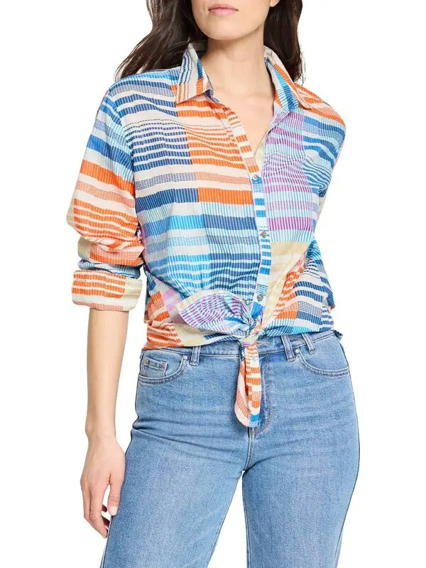 NIC+ZOE Sunset Stripe Cotton Button-up Shirt - Blue Multi