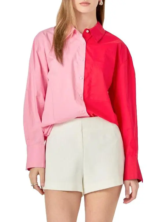 English Factory Colorblock Poplin Shirt - Pink/ Red