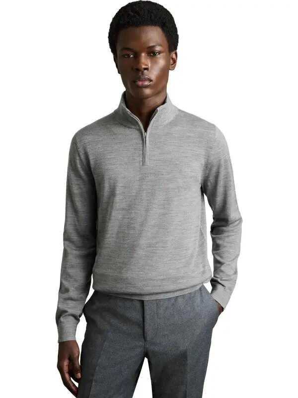 REISS Blackhall Merino Wool Half-zip Funnel Neck Jumper - Warm Grey Melange