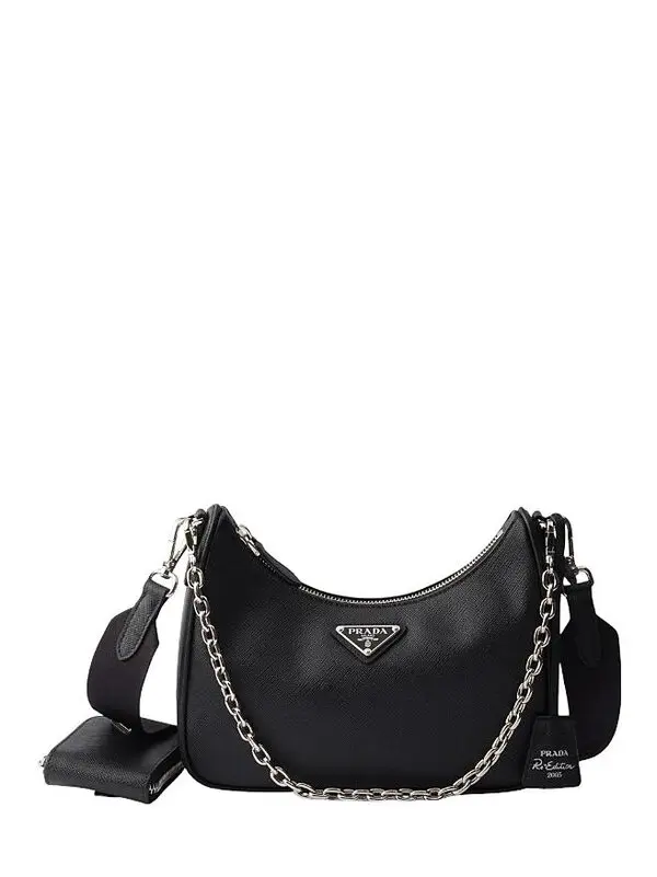 Prada Re-edition 2005 Saffiano Leather Bag With Chain And Woven Strap - Black/silver