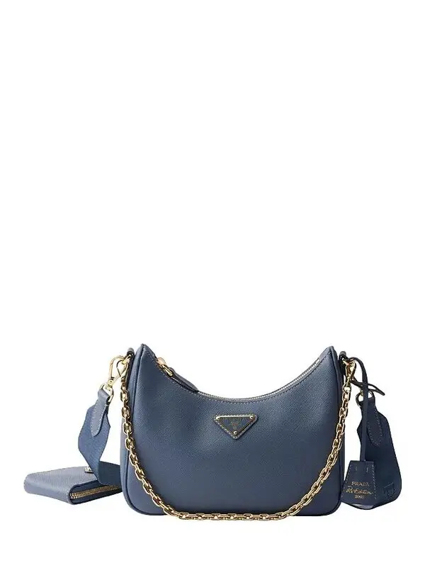 Prada Re-edition 2005 Saffiano Leather Bag With Chain And Woven Strap - Blue