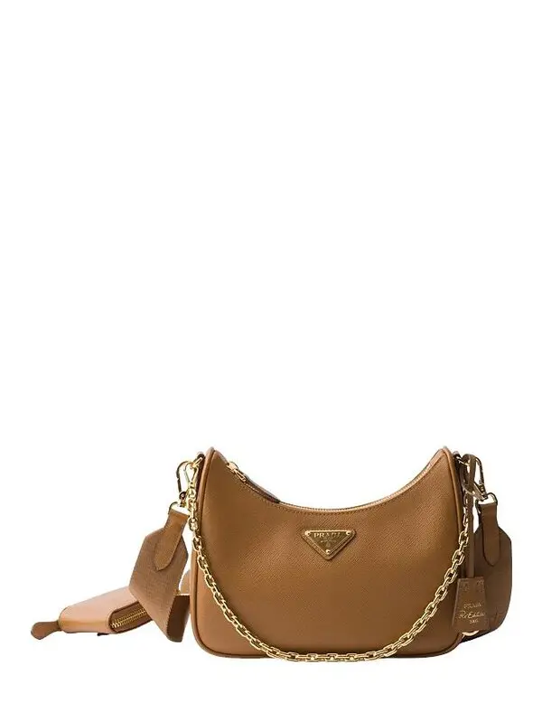 Prada Re-edition 2005 Saffiano Leather Bag With Chain And Woven Strap - Brown