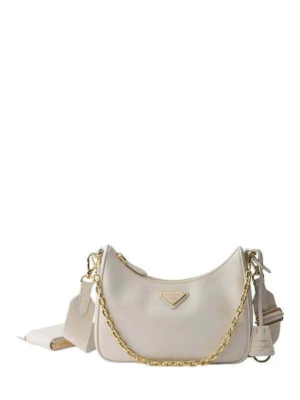 Prada Re-edition 2005 Saffiano Leather Bag With Chain And Woven Strap - Chalk White