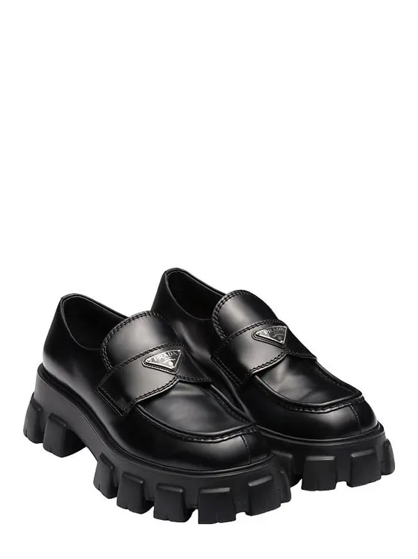 Prada Monolith Brushed Leather Loafers - Black